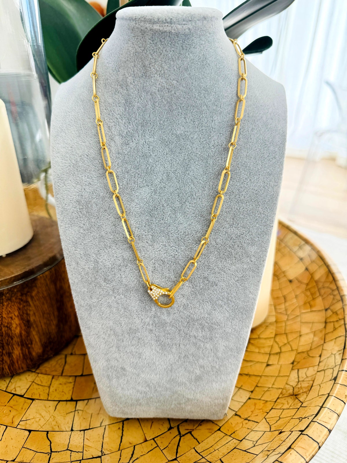 16" Look of Fine Brushed Gold Status Link Necklace with Pave Clasp