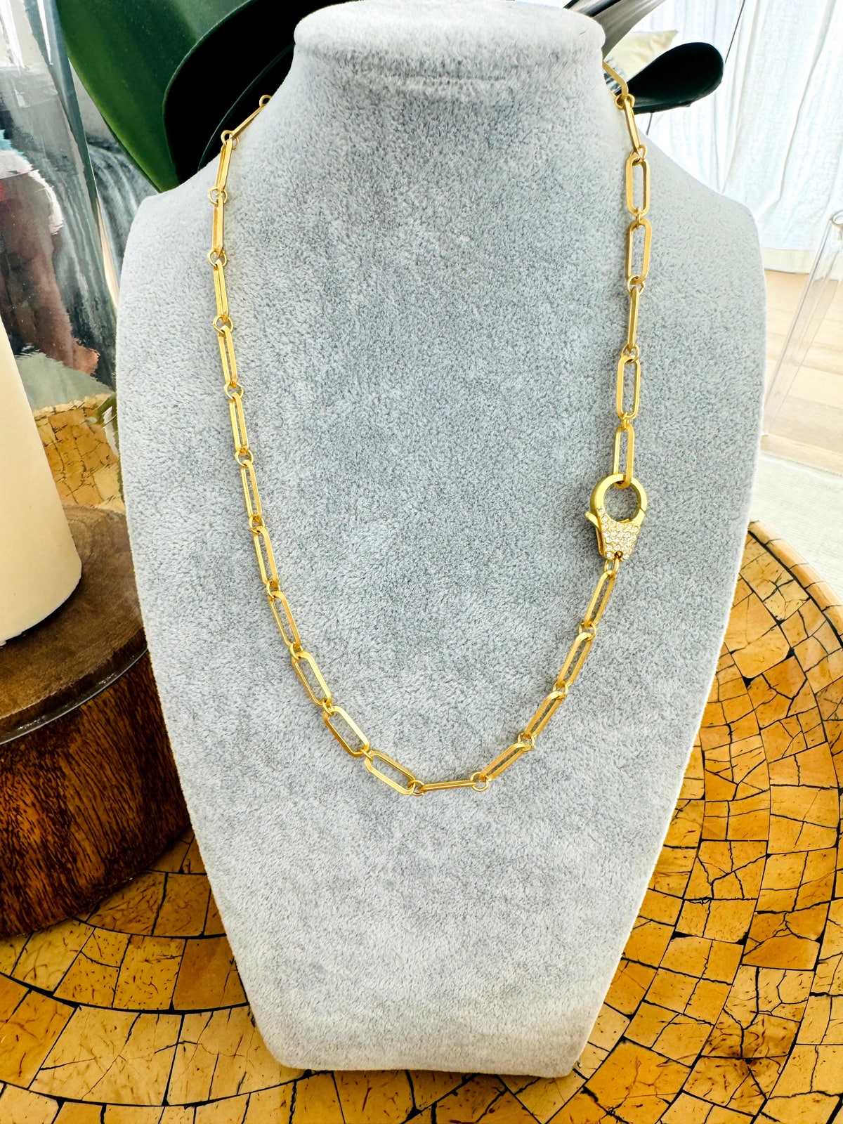 16" Look of Fine Brushed Gold Status Link Necklace with Pave Clasp