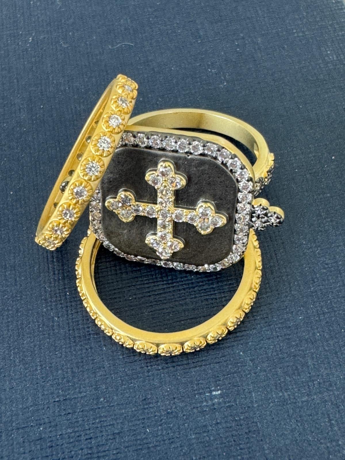 Look of Fine Black and Gold Cross Stack Ring