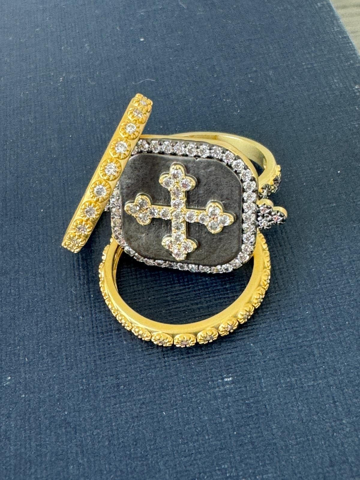 Look of Fine Black and Gold Cross Stack Ring