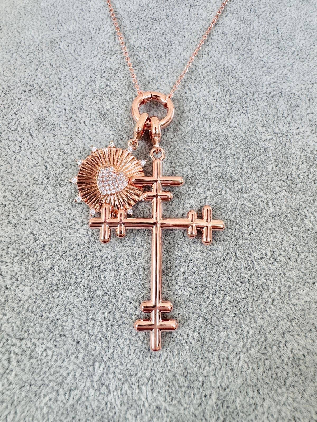 Italian Double Bar Cross and Heart Pendant Set