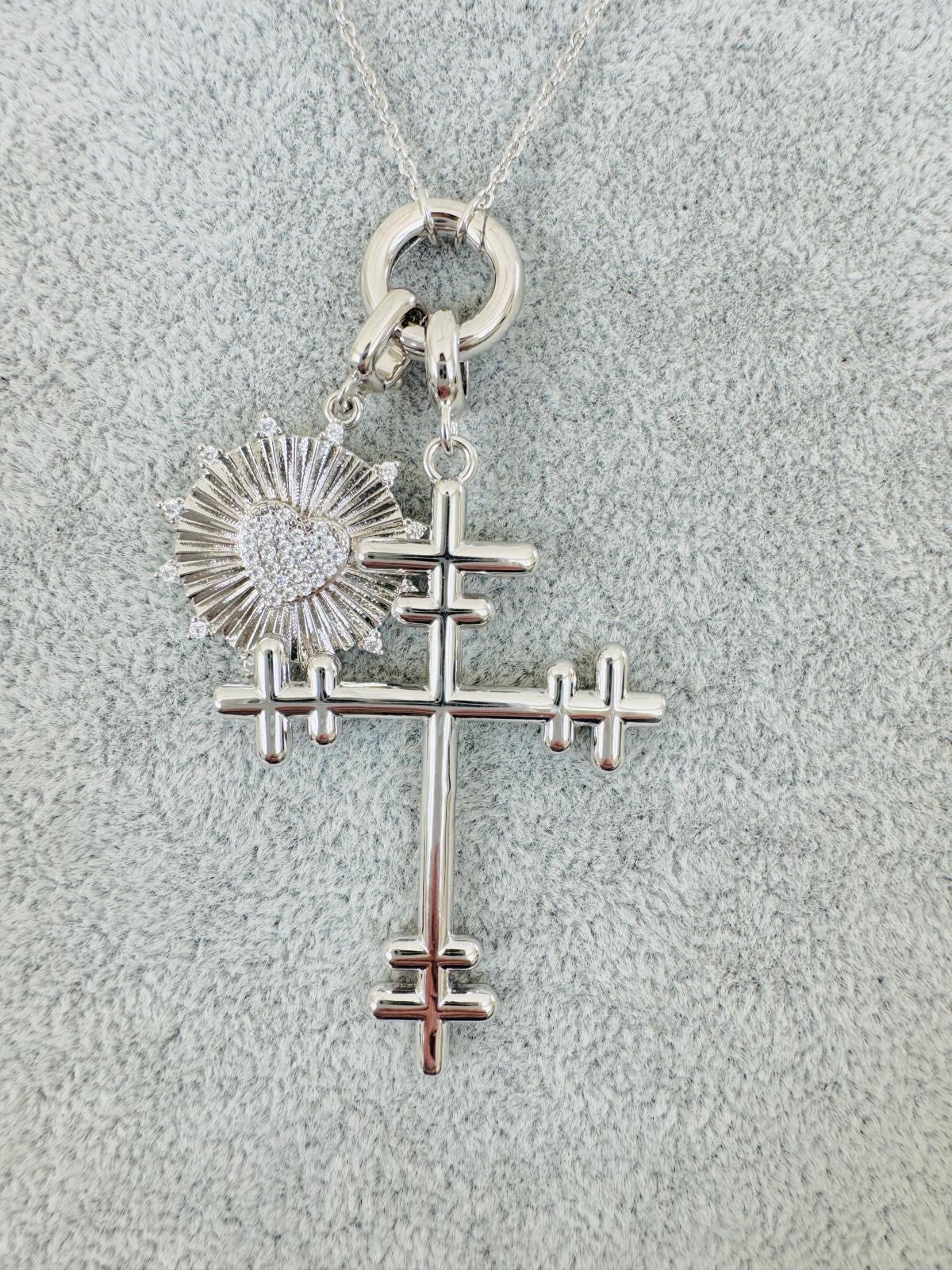 Italian Double Bar Cross and Heart Pendant Set