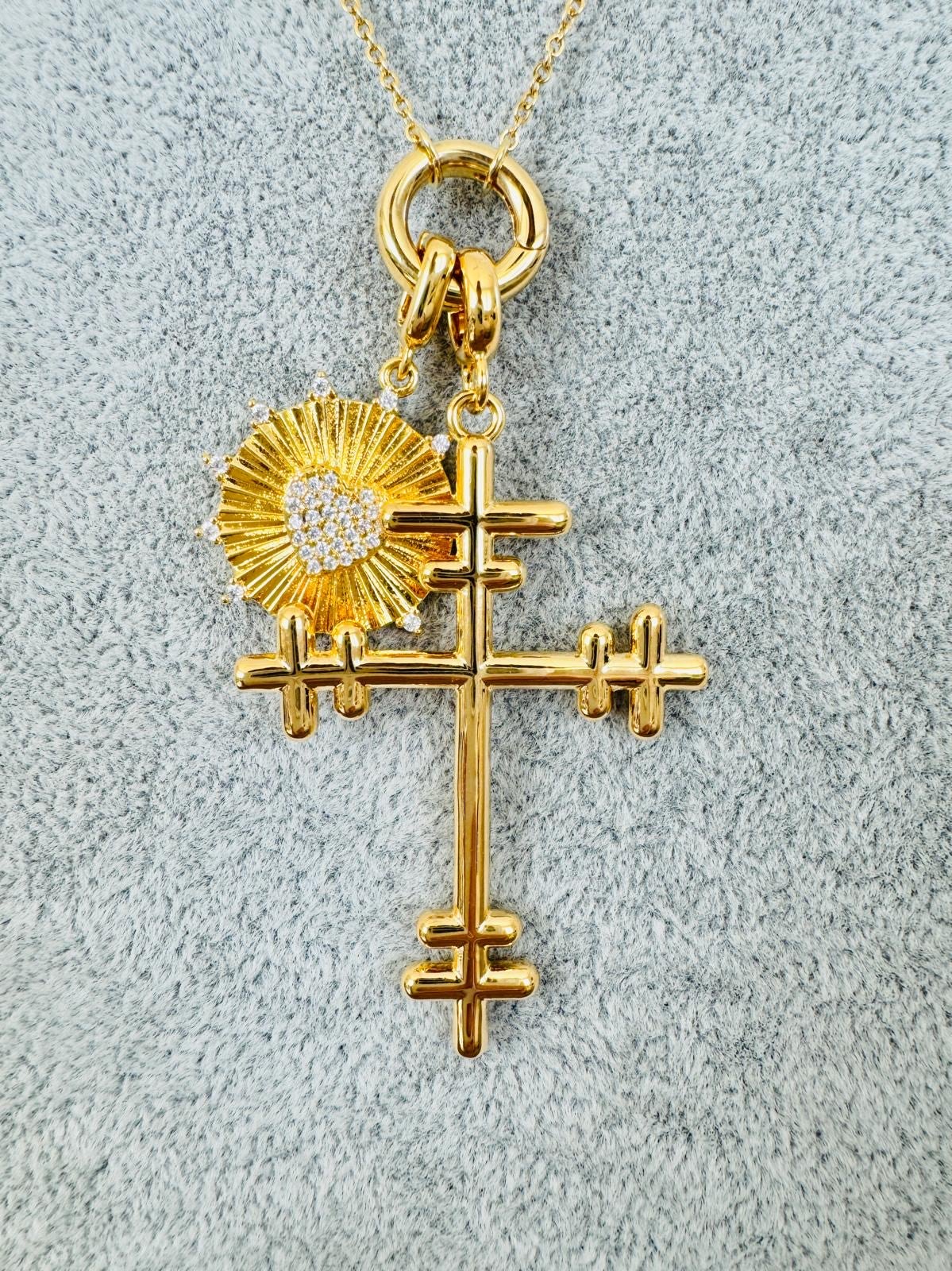 Italian Double Bar Cross and Heart Pendant Set