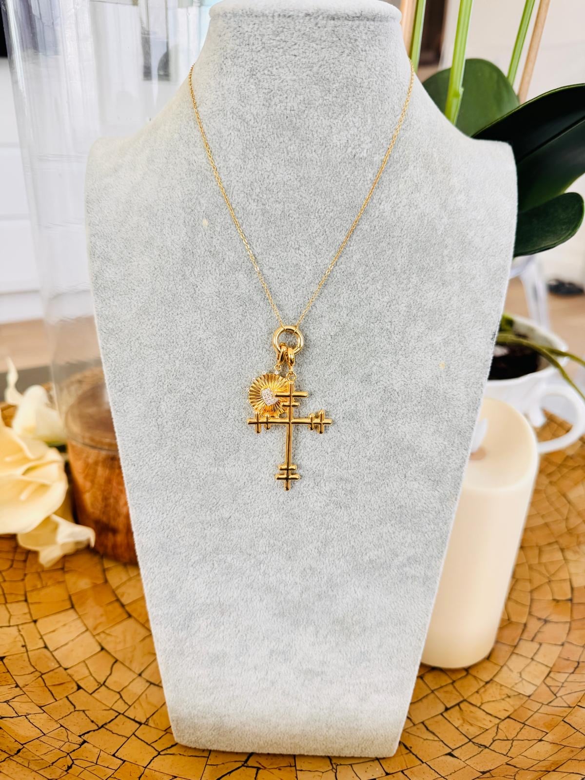 Italian Double Bar Cross and Heart Pendant Set